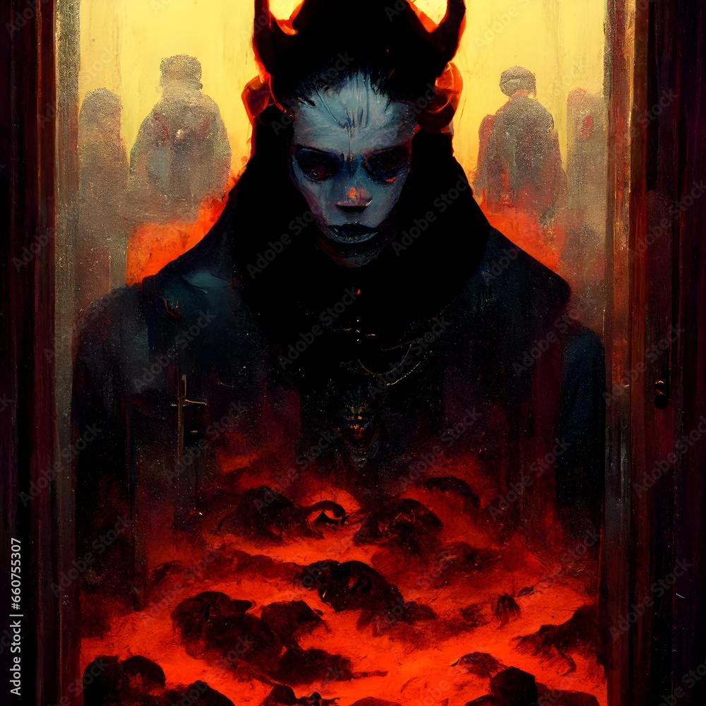 Satan enters the gates of hell as he looks over his shoulder and becons ...