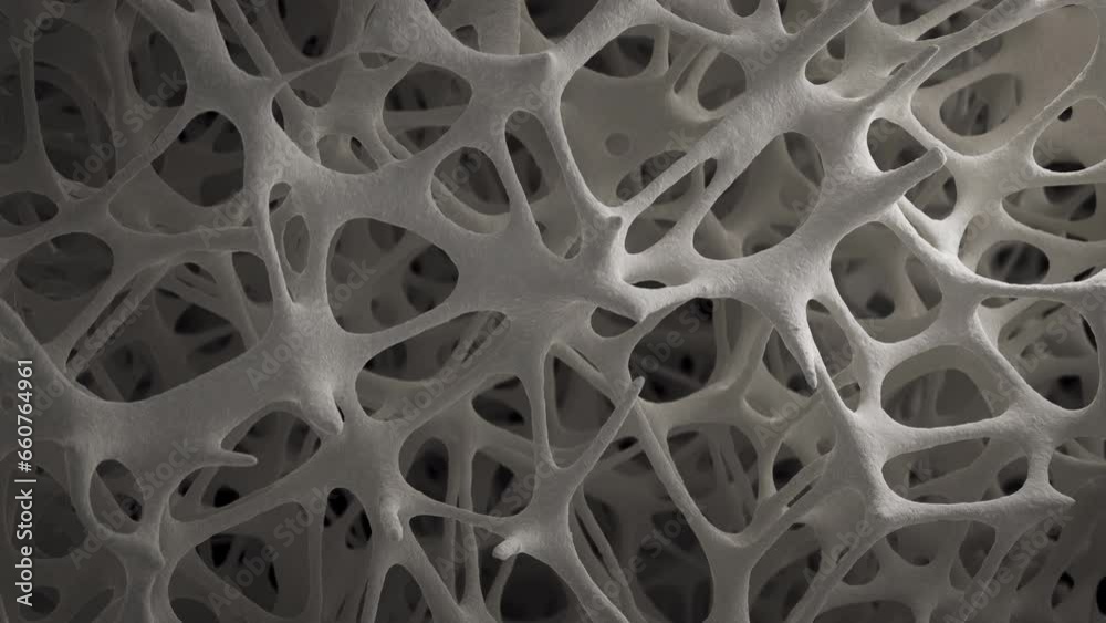 Camera moving up slowly revealing bone tissue, scanning electron ...