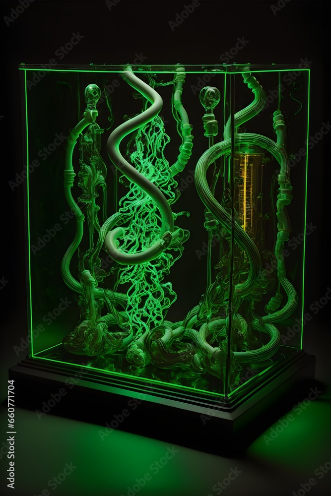 glowing green liquid flows through a complex twisting and winding glass ...