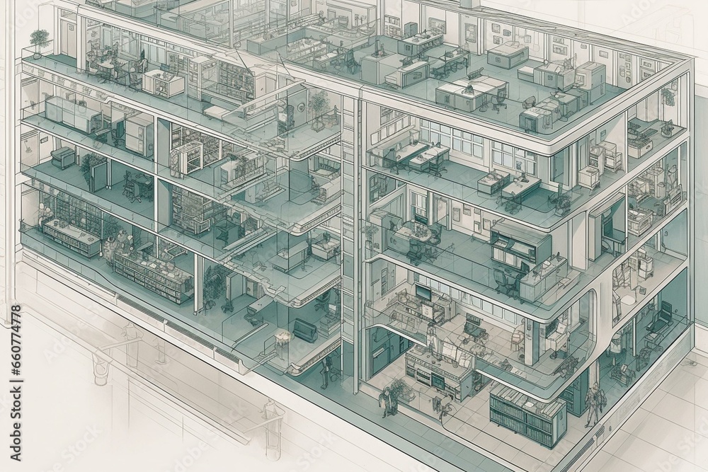 A detailed depiction of the interior structure of a typical office ...
