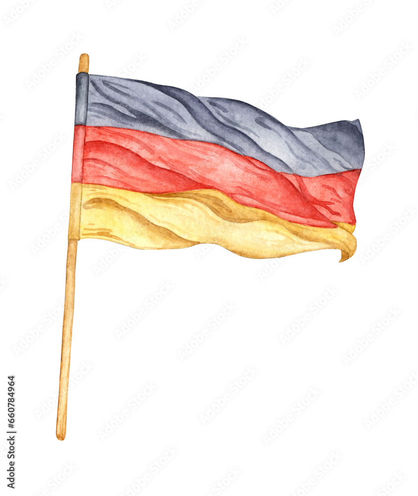 Watercolor illustration of the flag of Germany developing in the wind ...