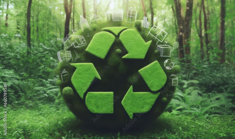 Recycling waste concept. recycling sig green grass in the forest. Idea ...