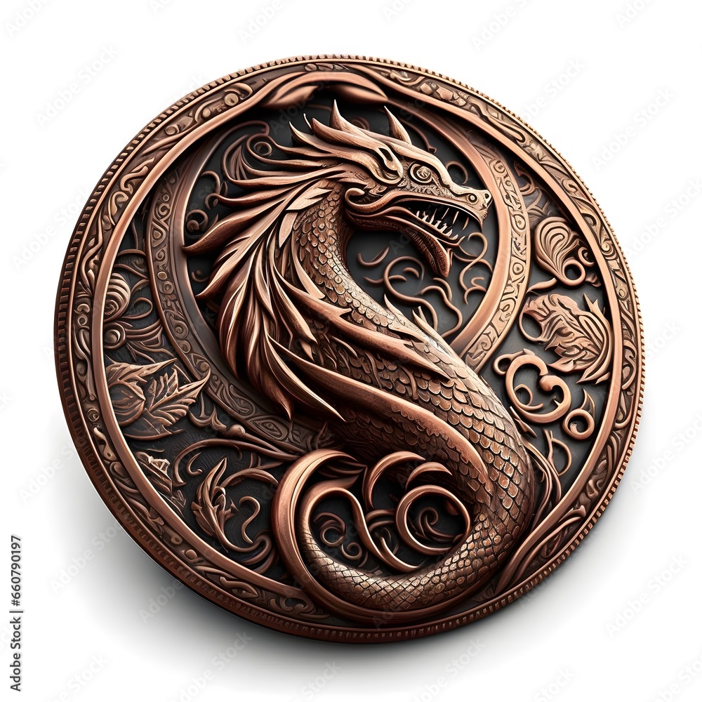 Lucky shiny copper coin Fantasy style with stylized tribal dragon ...
