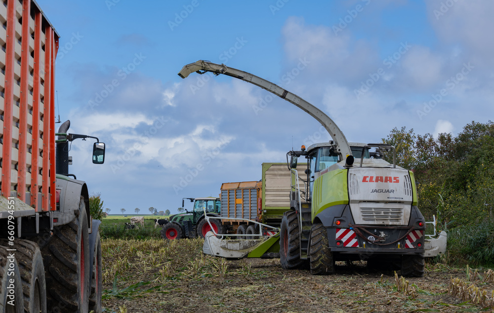 Hamburg, Germany - October 11, 2023: Claas Jaguar 960 maize chopper and ...
