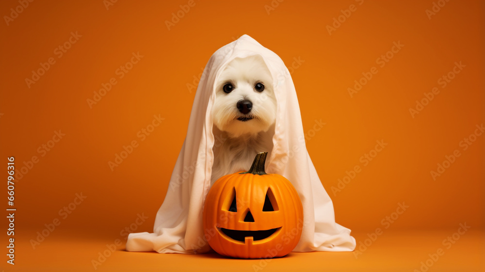 Funny dog wearing cute ghost halloween costume Stock Photo | Adobe Stock