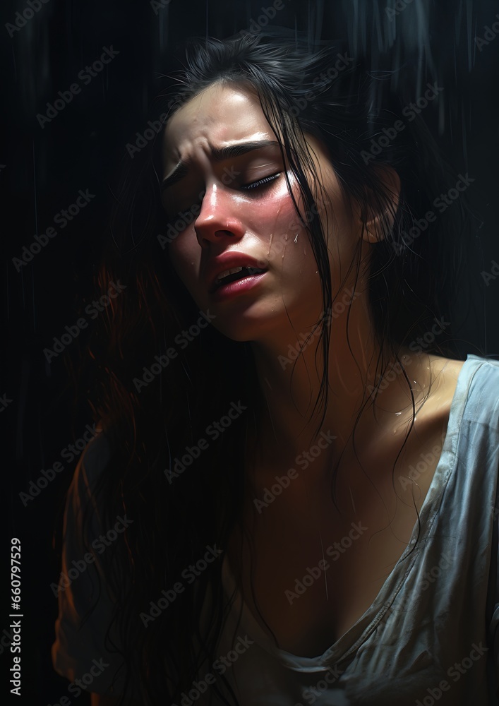 woman white shirt standing rain lighting crying fashion model portrait ...