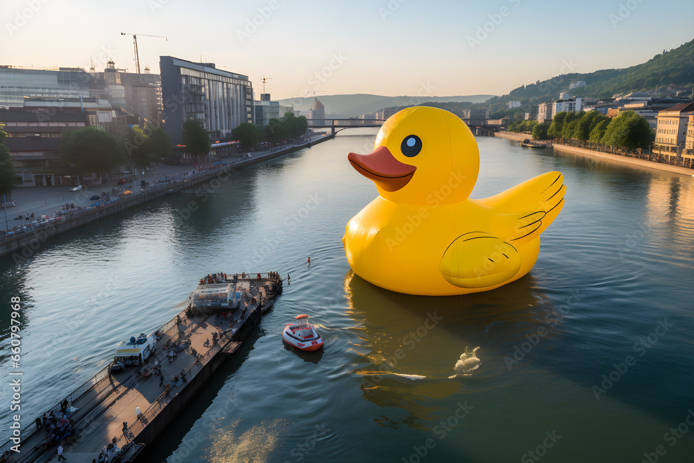 giant inflatable rubber duck floating down city river Stock Photo ...