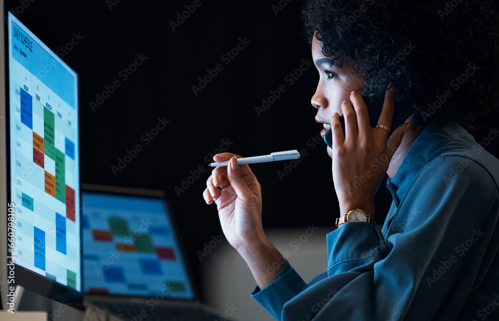 Woman with computer, phone call and schedule in dark office for agenda ...