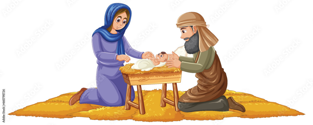 Virgin Mary Giving Birth to Jesus Christ and Joseph Cartoon Character ...