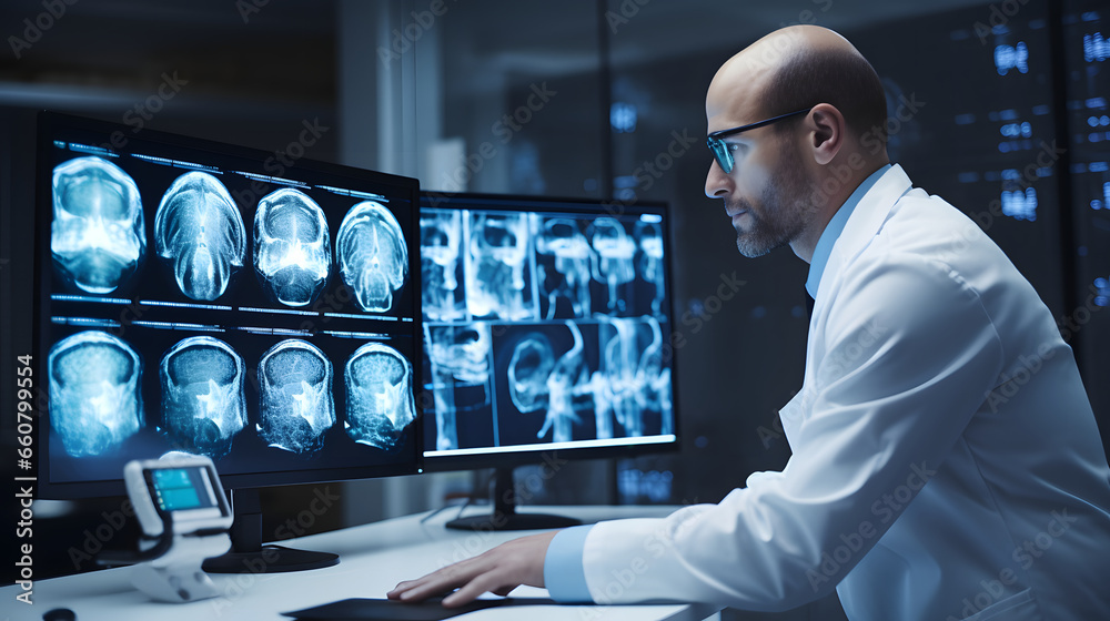 Radiologist looking at screen with MRI scan and diagnose Stock Photo ...