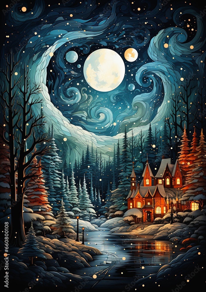 house woods full moon winter scene crashes earth swirly lunar ripples ...
