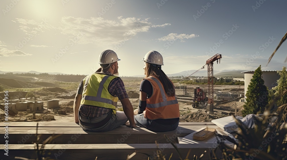 Male and female engineers wearing helmets sit and talk in the workplace ...
