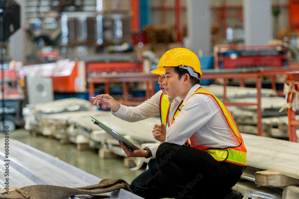 Man mentor teaching male young employees trainee operating machine look ...