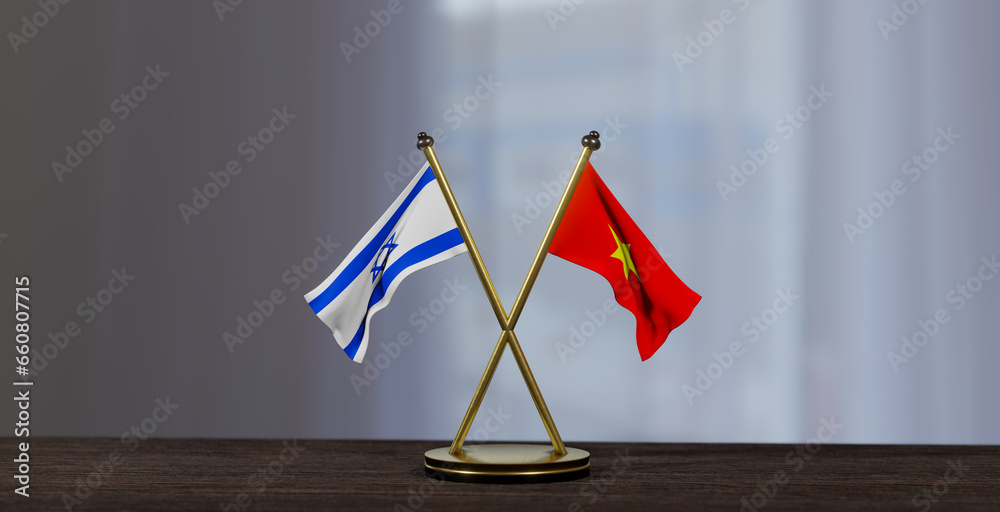 Israel and Vietnam flags on table. Negotiation between Vietnam and ...