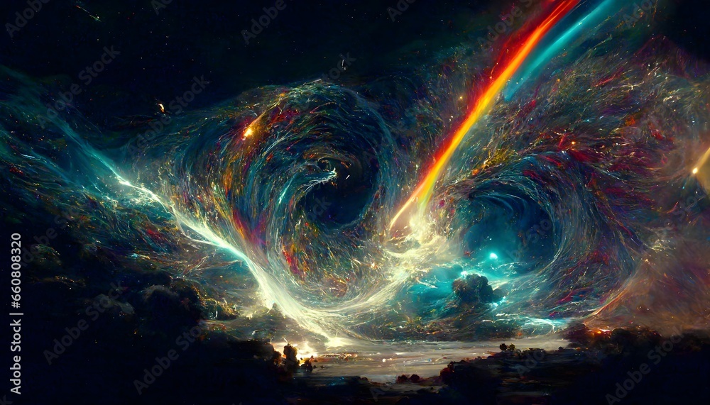 ocean of stars chaotic cosmic storm energy with a rainbow wave of light ...