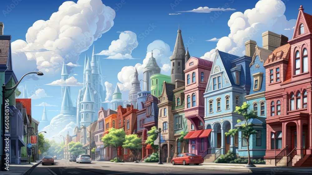 Street in a big city cartoon vector Flat color 2D, wallpaper pictures ...