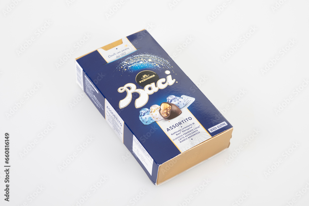Baci logo text and sign brand on pack kiss Perugina packet of chocolate ...