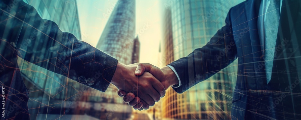 business handshake close-up, businessmen shaking hands on a city background, double exposure ...