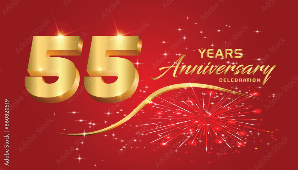 Celebrate the 55th anniversary with gold 3D letters, gold ribbons on a ...