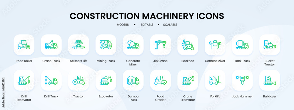 Construction machinary icon collection with blue and green gradient ...