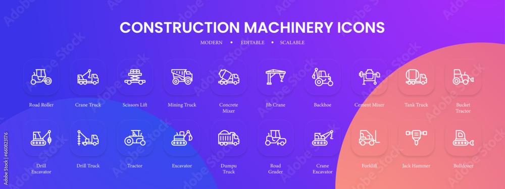 Construction machinary icon collection with black outline style ...
