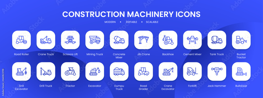 Construction machinary icon collection with black filled line outline ...