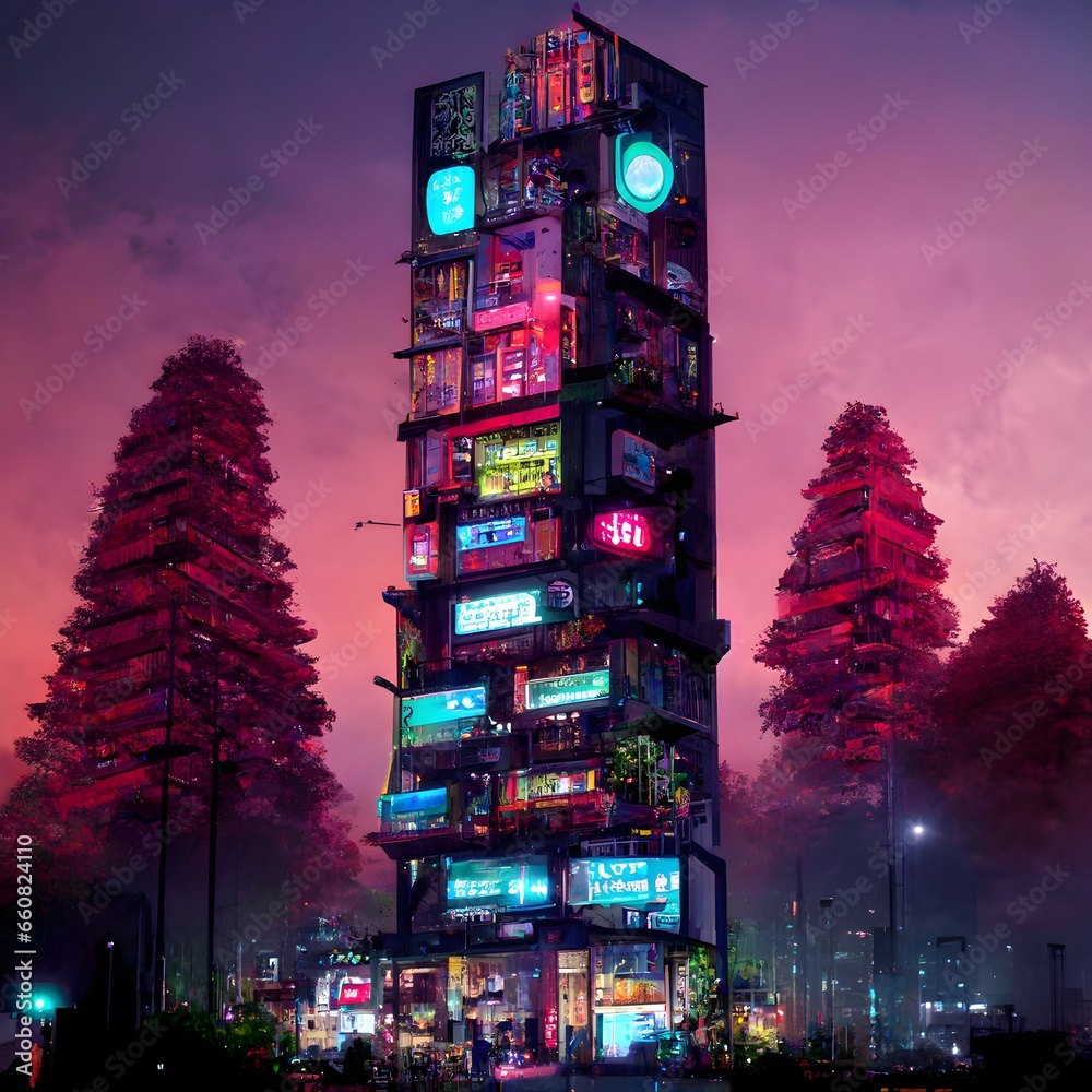 a wooden tower in a cyberpunk Tokyo sprawl lots of neon lights and ...