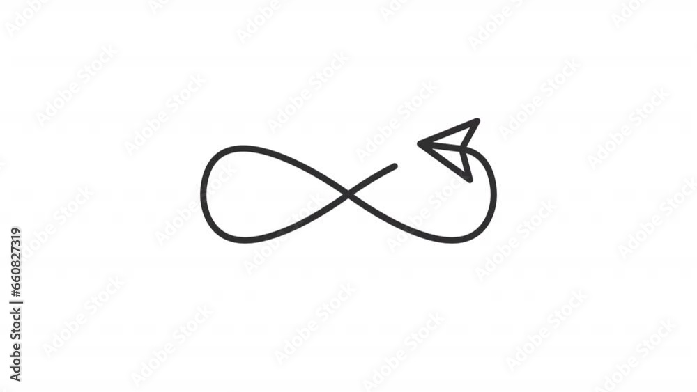 2D black simple thin line animation of loading infinity icon with arrow ...