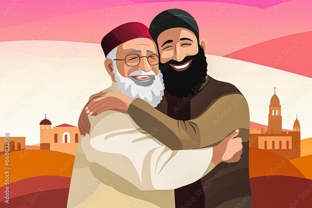 Generative AI illustration of Jewish and Palestinian man hugging and ...