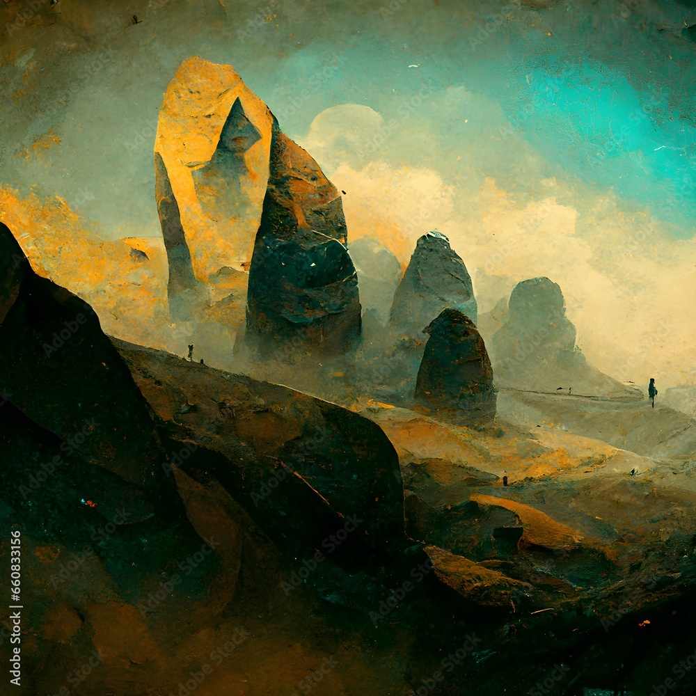 border frame mucha ink style dark lighted landscape anubis cyber ...