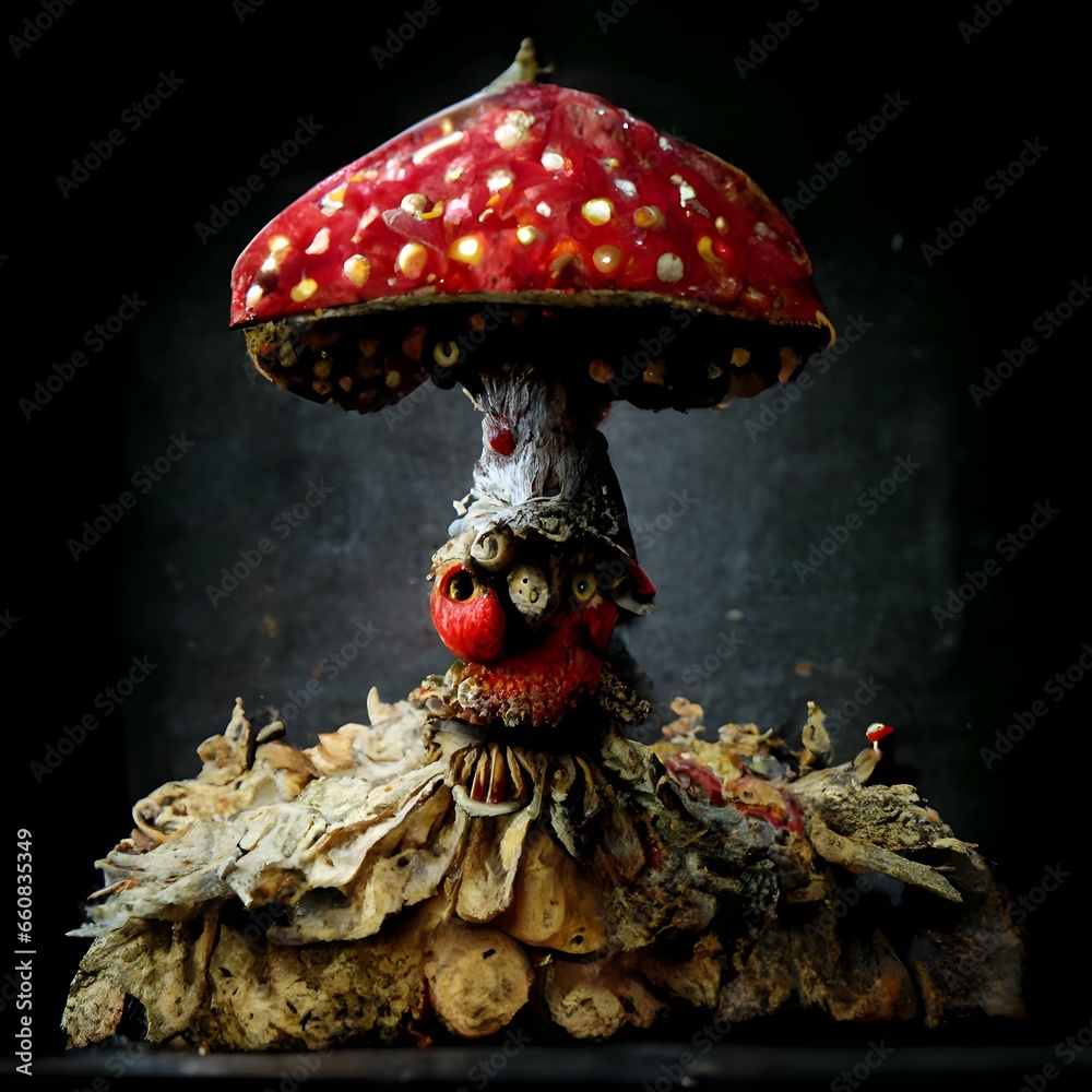 4k an antique Italian mr punch puppet made of fungus sat on a fly ...