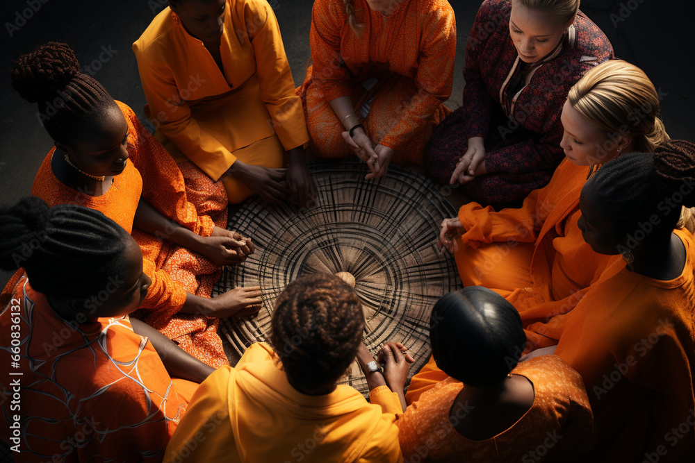 top-down view of a group of people in a circle, engaged in chanting or ...