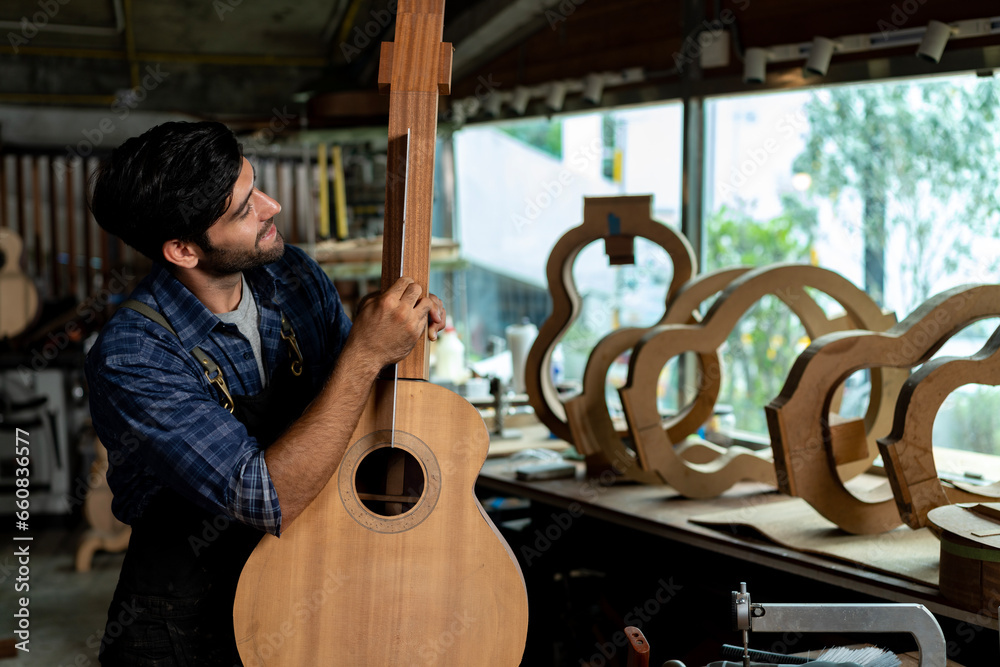 Guitar Luthier Aligns Guitar Neck on Body with Precision Ruler Stock ...