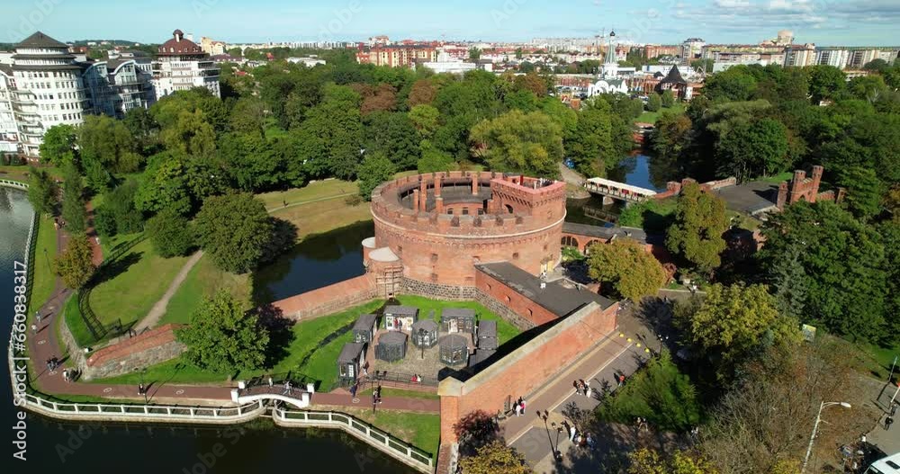 Buildings of the Amber Museum in Kaliningrad, aerial view. Famous Tower ...