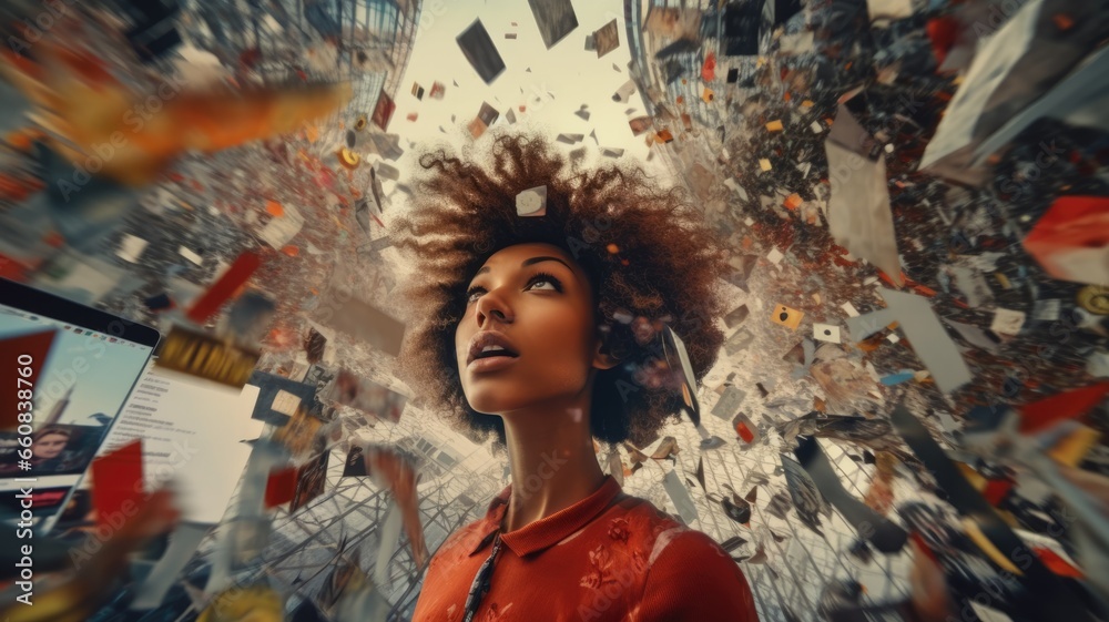 Overwhelming information data explode out of head of young human brain ...