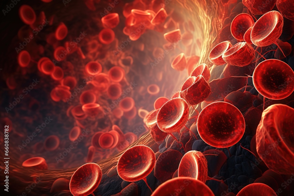 Abstract red blood cells, hemoglobin in blood vessels, 3D background ...