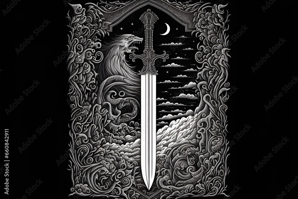 a sword and sorcery inspired border black and white Lovecraftian highly ...