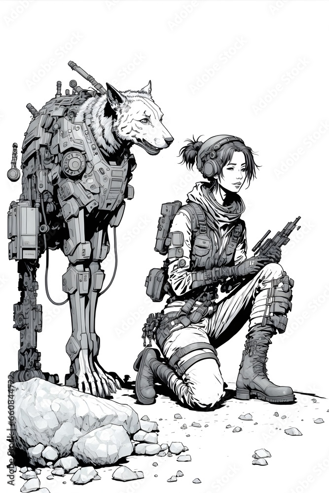smiling female futuristic winter explorer kneeling down playing fetch ...