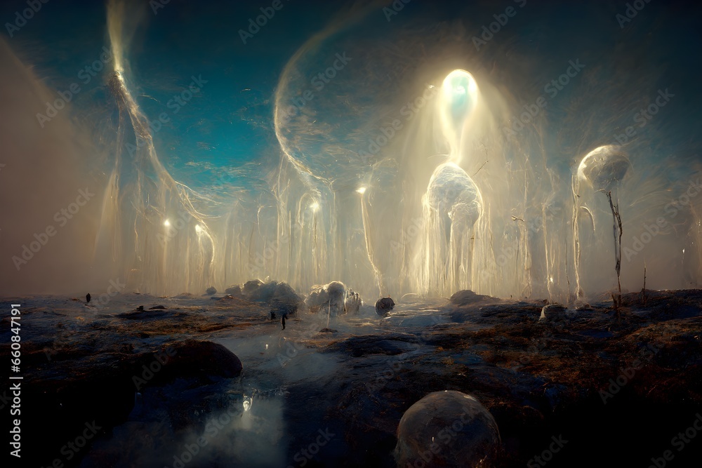 Translucent aliens floating through planetary atmosphere ephemeral ...