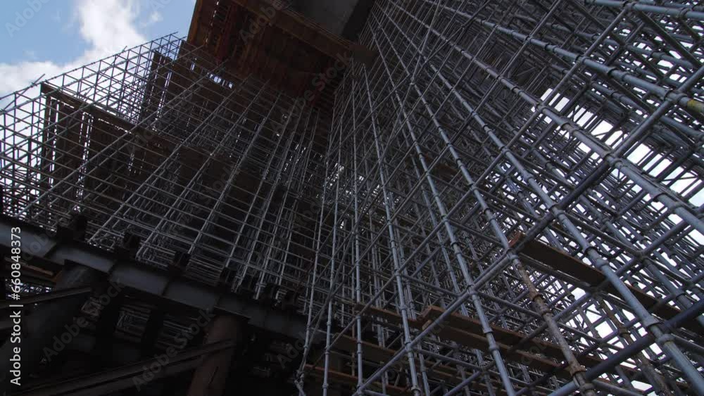 Metal reinforcement carcass under future traffic bridge. Building ...
