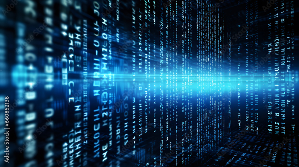 Blue digital binary data on computer screen background. binary code ...