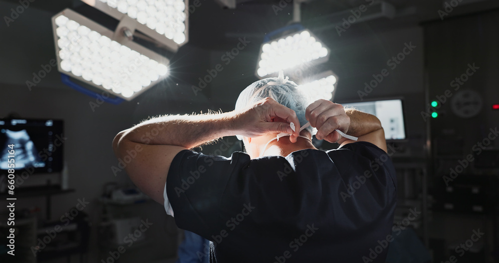 Surgery, prepare and doctor tie mask in operating room for medical ...