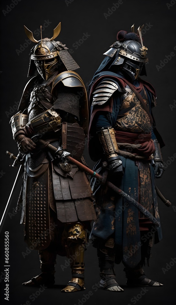 2 epic samurai in edo period armor one with magic katana and the other ...