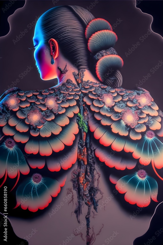upper body of a cyberpunk geisha porcelain neon intense glowing flower ...