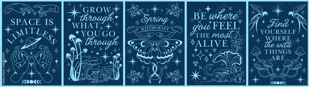 Mystic celestial aesthetic vector tee prints. Bohemian crescent moon ...