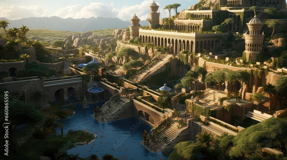 The Hanging Gardens of Babylon ultra realistic illustration ...