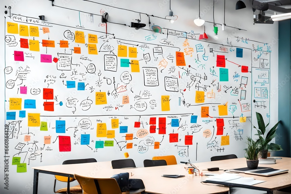 A wall-mounted whiteboard covered in colorful diagrams and ...