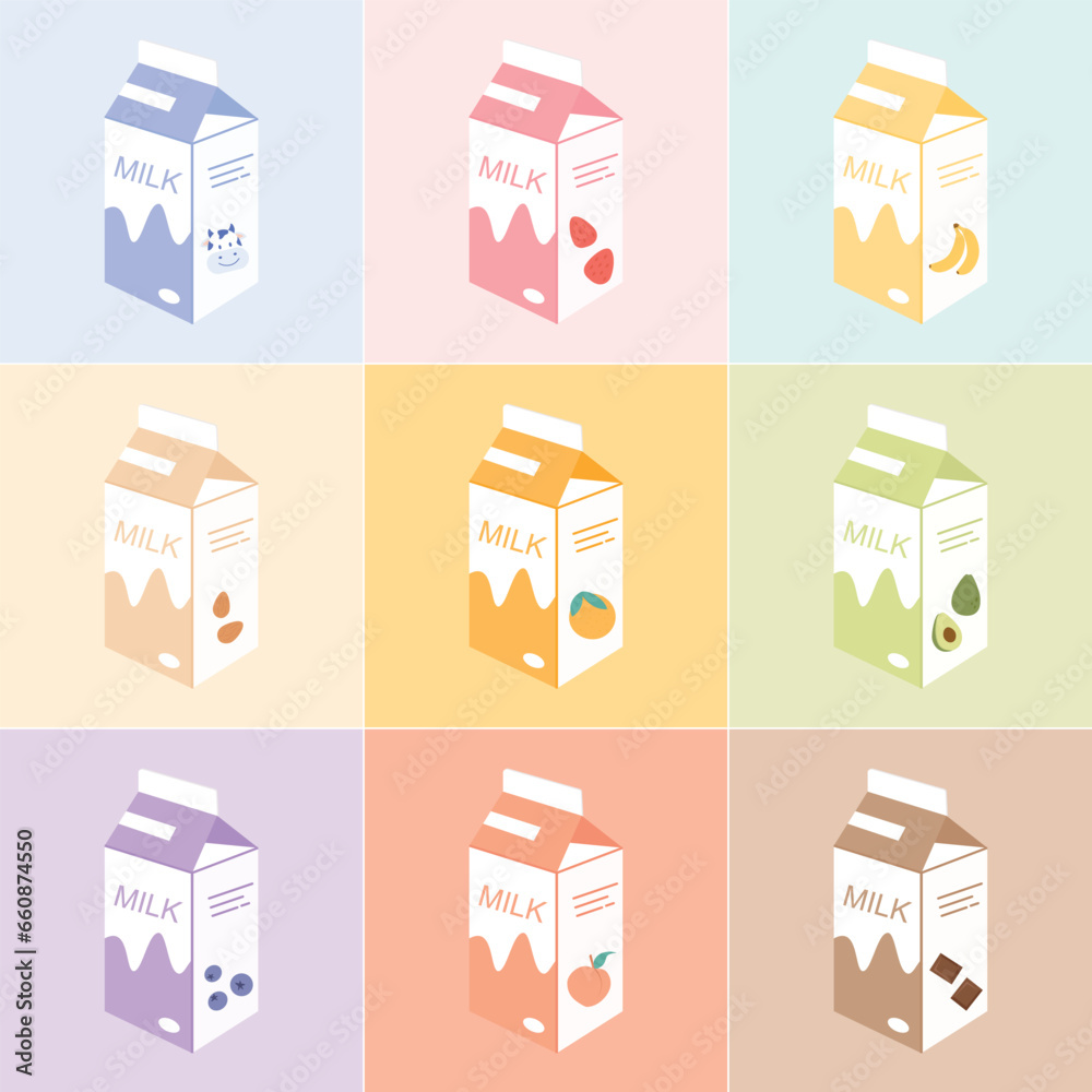 Set of cute and colorful milk box-strawberry,banana,almond,orange ...