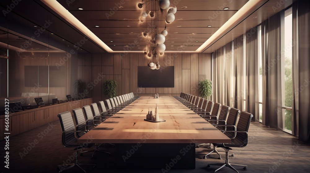 Meeting room, a company office with big table and projector with ...