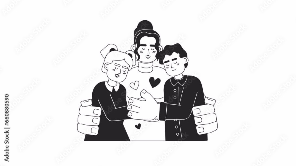 Hispanic mom hugging children bw 2D characters animation. Thankful ...